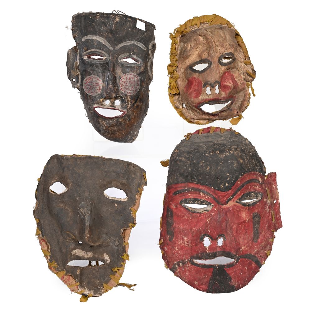 WESTERN NEPAL - TRIBAL ART. SET OF 4 colorful leather MASKS u... | bids