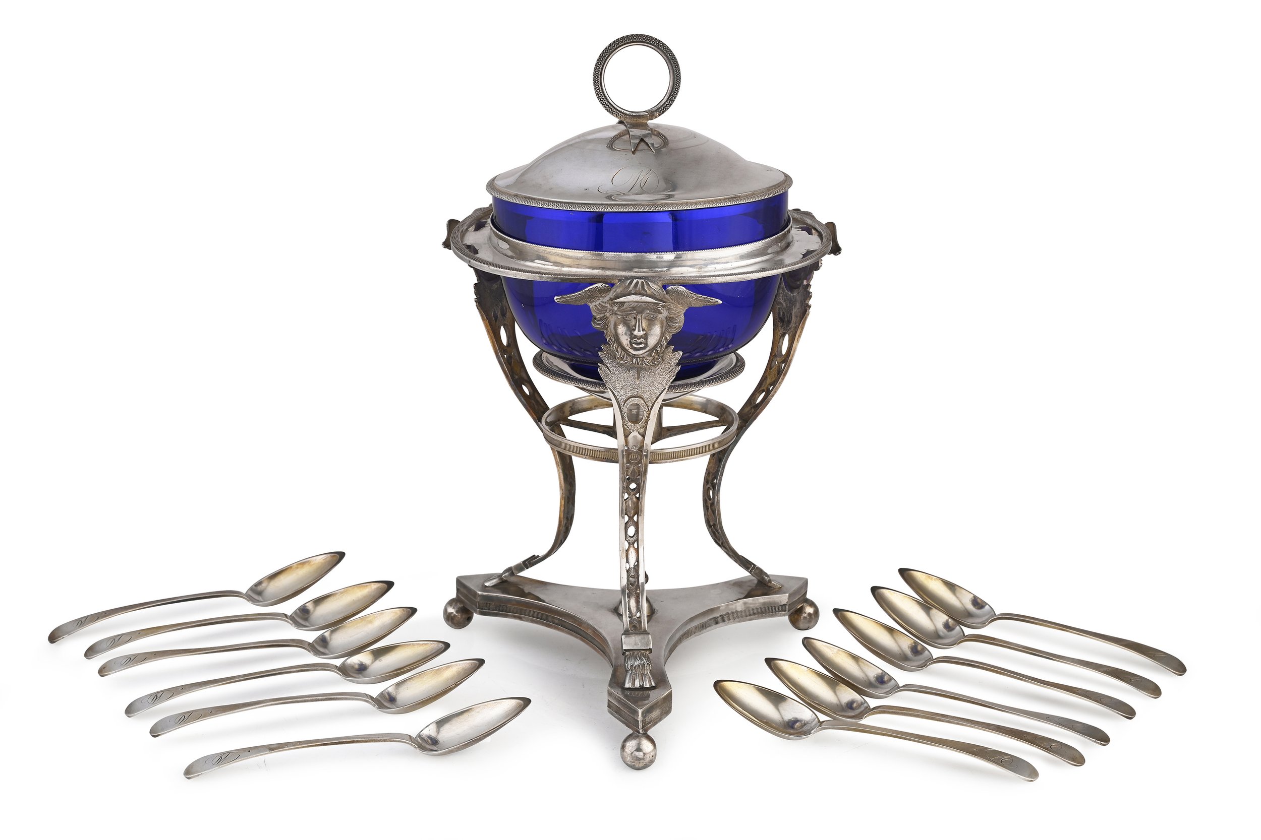 A first-grade (950°/°°) silver jam jar, resting on three sphe... | bids
