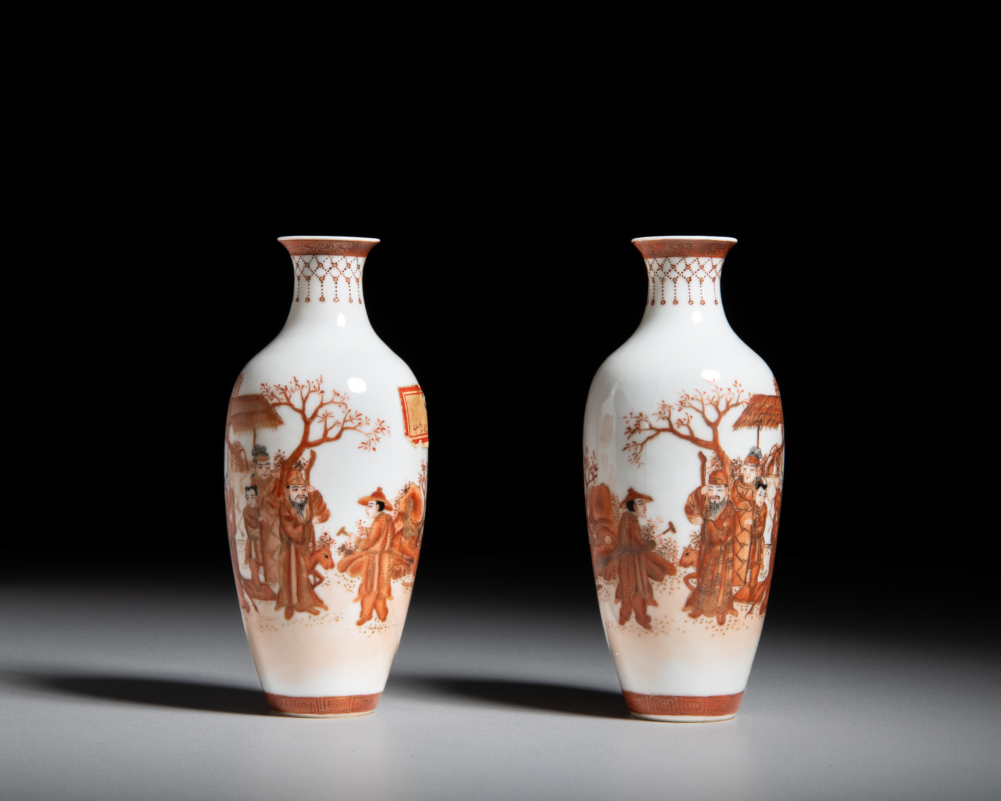 A PAIR OF EGG-SHELL IRON-RED AND GILT GLAZED 'FIGU... | Asian art: bids