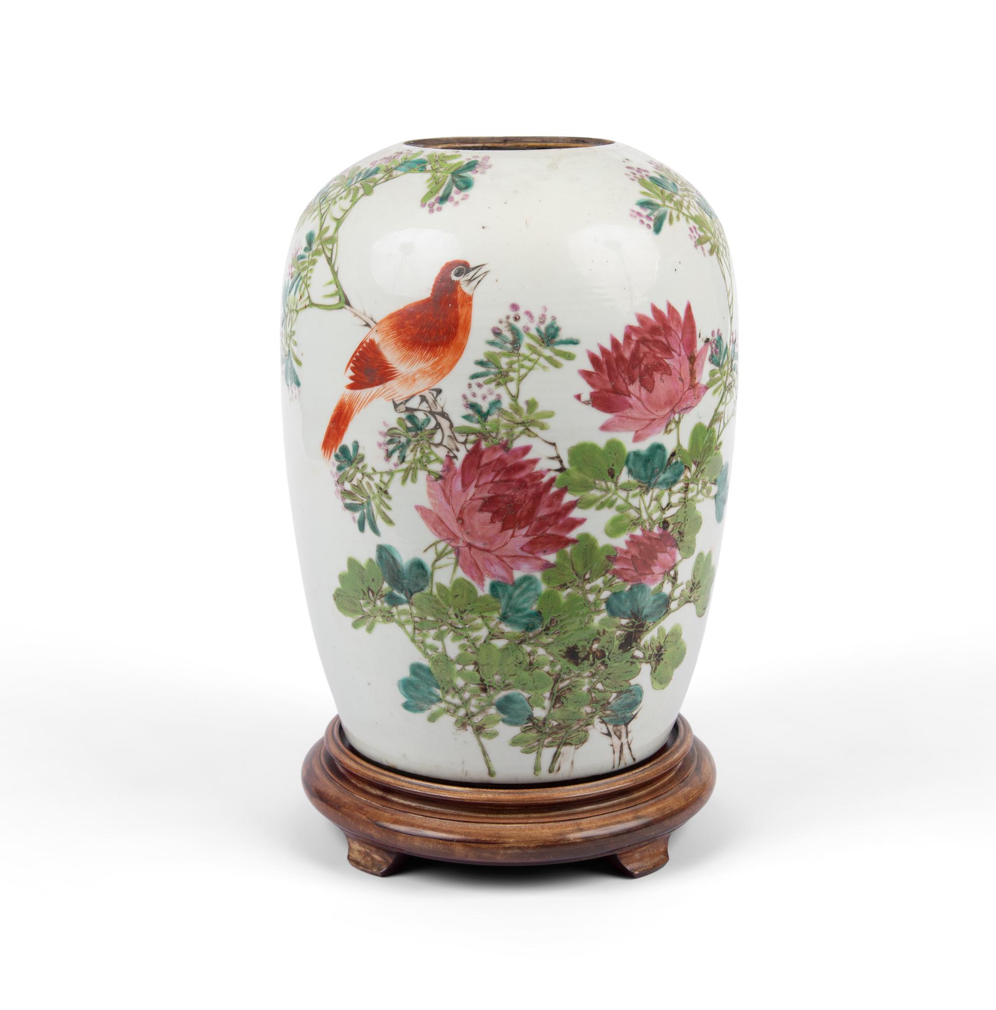 JAR DE QIANJIANGCAI GLAZED 'BIRD AND FLOWER'... | Arts d'Asie: enchères