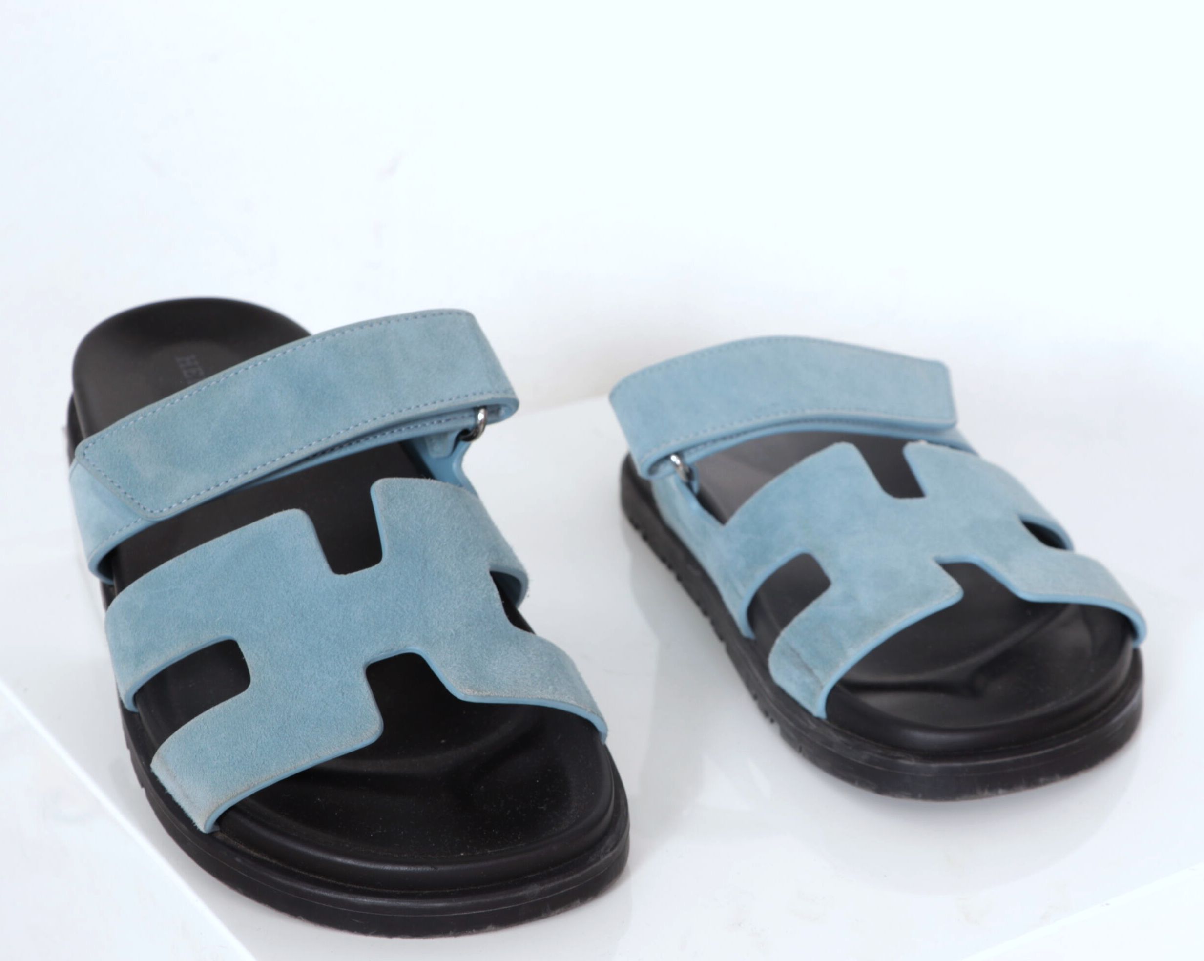 HERMÈS, Paris. Pair of "Chypre" sandals in sky-blue s... | Shoes: bids