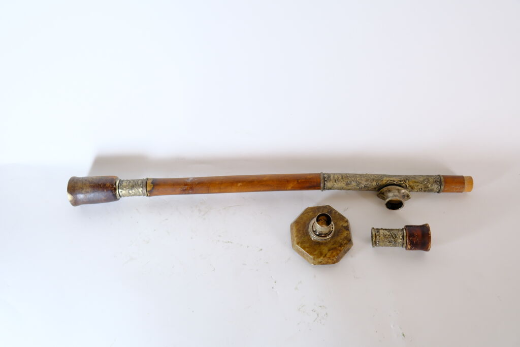 CHINE.Pipe à opium en bambou et métal argen... | Arts d'Asie: enchères