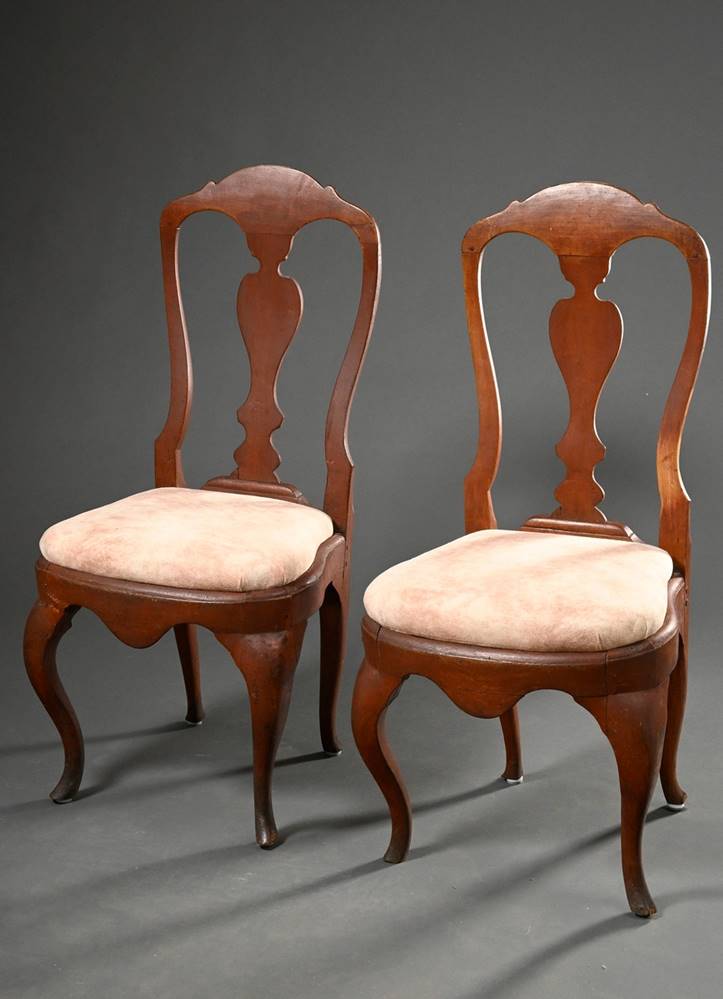 Pair of rustic Baroque chairs on curved legs, reddish... | Chairs: bids