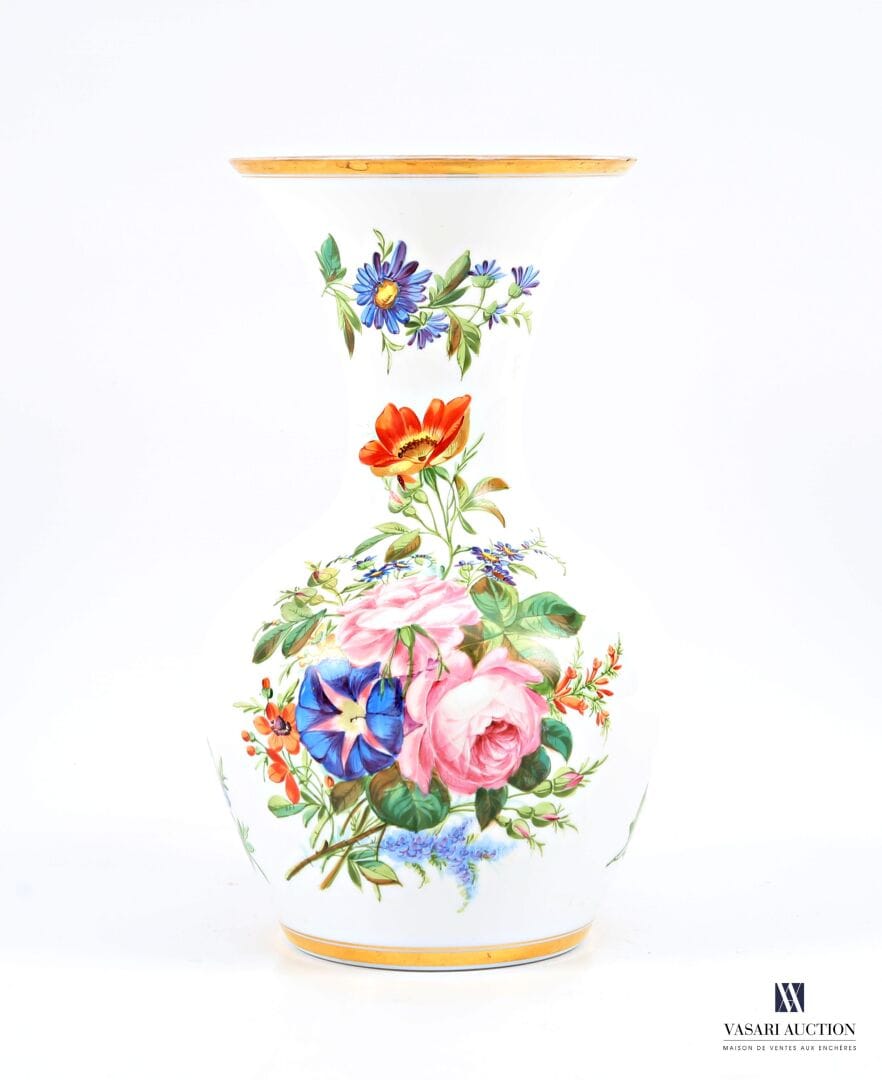 White opaline vase with belly and long flared neck, de... | Vases: bids