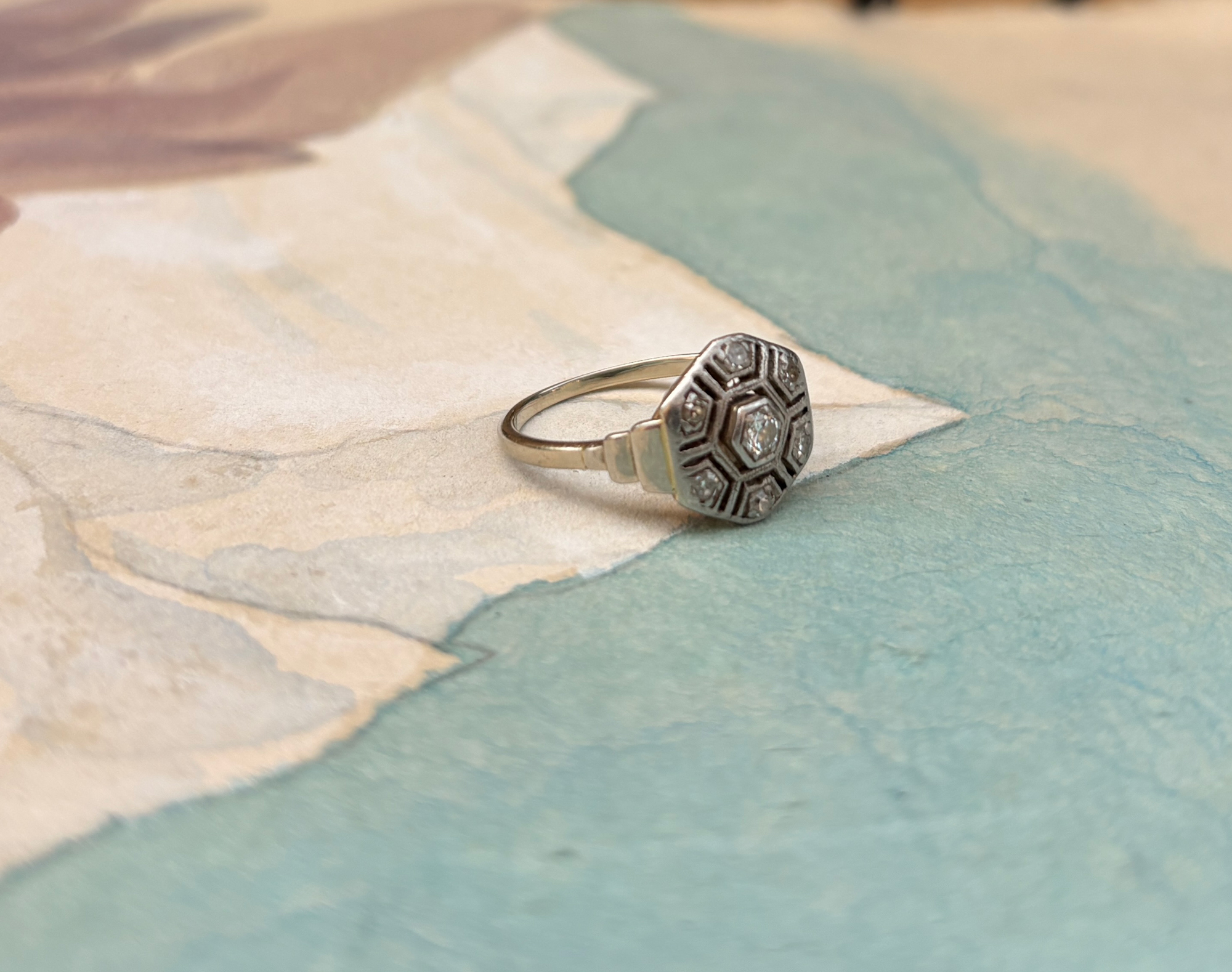 Hexagonal-shaped 18k (750th) white gold ring set with ... | Rings: bids