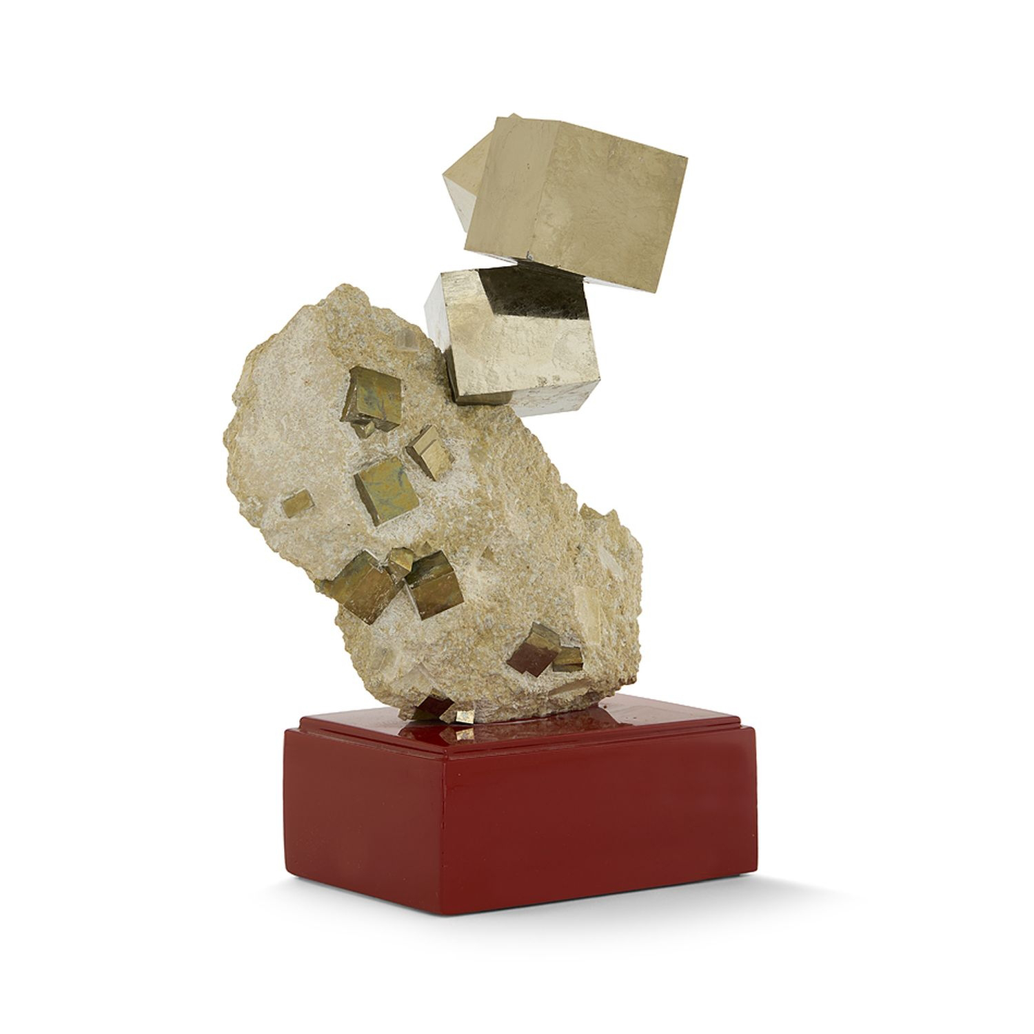 PYRITE CLUSTER, SPAIN, NAVAJUNon a red lacquered baseMain c... | bids