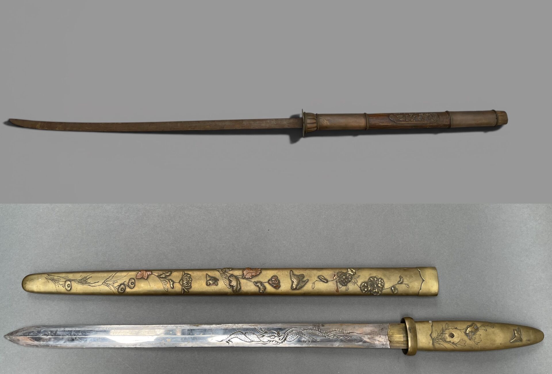 Two Japanese swords, one with a handle and scabbard mad... | Arms: bids