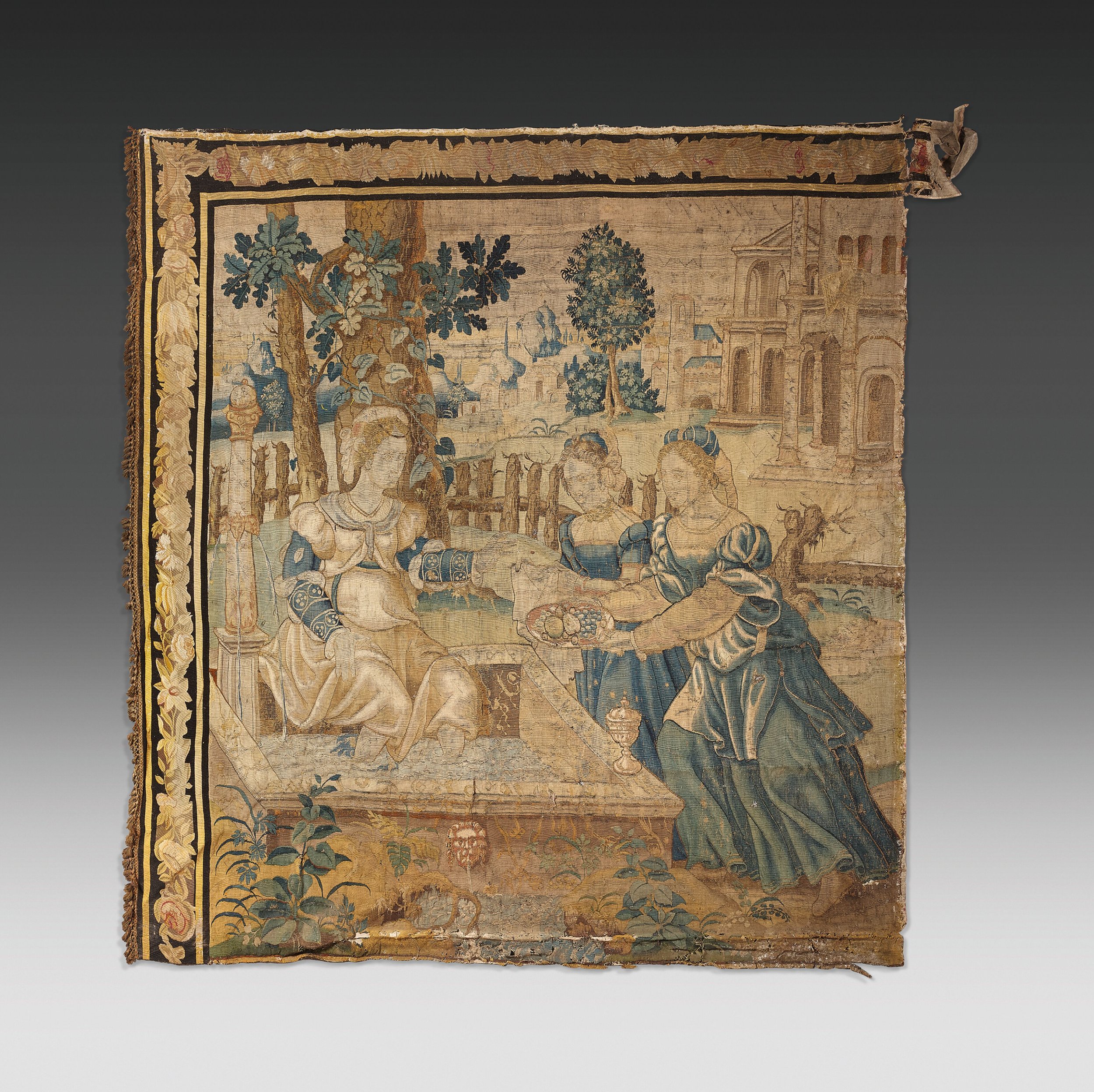 Tapestry depicting a court scene featuring a woma... | Tapestries: bids